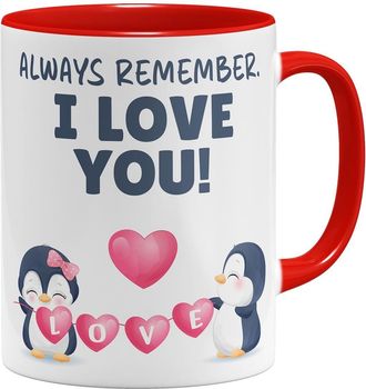 OM3 Valentinstag Liebestasse Kaffee-Tasse mit Spruch - always remeber - I love you - Pinguin Partner Partnertasse | Keramik Becher | 325ml | Beidseitig Be