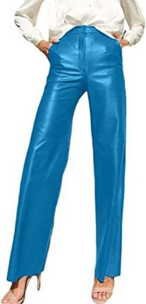 ORANDESIGNE Femme Pantalons en Simili Cuir Pantalon Droit Taille Haute Style Y2K Vintage Pantalon à Jambes Larges E Bleu XS