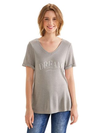 Street One Damen Shiny V-Neck W.Wording Kurzarmshirt, Smooth Stone Sand, 40 EU