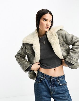 Stradivarius STR - Blouson aviateur vintage avec doublure imitation peau de mouton - Gris