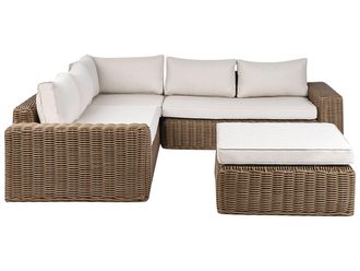 Beliani Garten Lounge Set Polyrattan braun mit Auflagen wei&szlig; modular 6-Sitzer Palermo