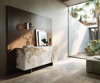 DELIFE Sideboard Cuor 150 cm Keramik Minas Melange Wei&szlig;-Beige 3 T&uuml;ren Fu&szlig; Schwebeoptik Edelstahl, Sideboards