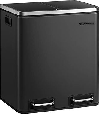 Songmics Poubelle Cuisine, 2 x 15 L, Poubelle Tri, avec Pédale, 2 Compartiments, 15 Sacs Poubelles, Seaux Intérieurs, Couvercles en Douceur, en Acier, Noir dEn