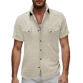 Generic Chemise en lin boutonn&eacute;e &agrave; manches courtes pour homme - Couleur unie - Deux poches - Chemise de travail urbaine &eacute;l&eacute;gante vintage d&eacute;contract&eacute;e et de tr