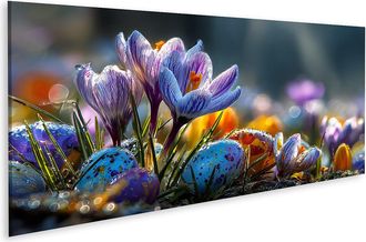 Islandburner Bild auf Leinwand Bunte Ostereier und Krokusse im Fr&uuml;hling - Wandbild - Panorama
