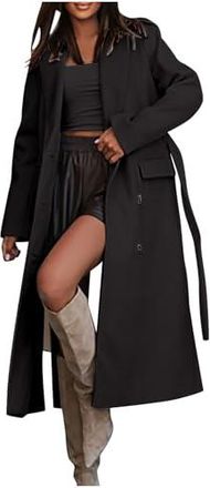 Generic Manteau dhiver long et élégant pour femme - Manteau en laine à double boutonnage - Manteau de transition - Manteau long à revers - Couleur unie - Coup