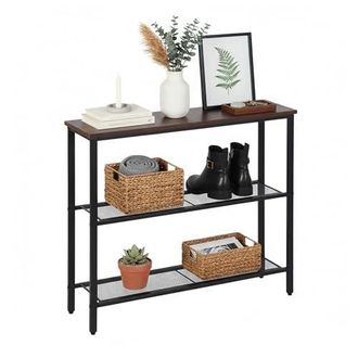 Relaxdays Konsolentisch, HxBxT: 75 x 80 x 23 cm, Metall, MDF, schmale Konsole Flur, Flurtisch 3 Ablagen, braun/schwarz