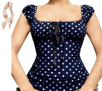 Generic Haut &agrave; pois pour femme - Coupe ajust&eacute;e - Manches courtes - Style vintage - Style r&eacute;tro - &Agrave; nouer sur le devant - Col carr&eacute;, noir fonc&eacute;, XL