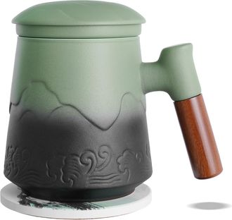 Zens Teetasse mit Deckel und Sieb, 450 ml Gro&szlig;e Holzgriff Teebecher mit Teesieb f&uuml;r Losen Tee, Gepr&auml;gtem Keramik Teetassen und Untersetzer Set, Geschenke f