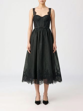 Zimmermann Robe bustier midi en lin et soie avec empi&egrave;cements en dentelle et d&eacute;collet&eacute; en caur