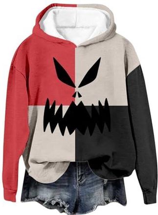 Generic Vestes pour femmes 2026 Pull &agrave; capuche color&eacute; avec imprim&eacute; visage dHalloween Veste polaire douce d&eacute;contract&eacute;e, Rouge, M