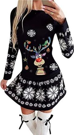 ORANDESIGNE Robe Femme Motif de Noël Imprimé Mini Robe à Manches Longues Col Rond Elégan Casual Tunique Pullover Longue L Noir S