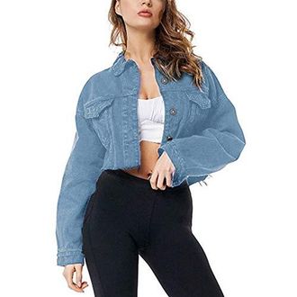 Generic Vestes pour femmes 2026 Manteau court &agrave; manches courtes Veste en jean pour femme Manteau d&eacute;contract&eacute; en denim Long Outwear, bleu ciel, S