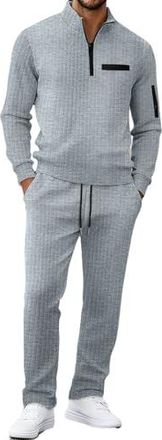 Generic Survêtement 2 pièces pour homme avec polos, fermeture éclair quart de long, ensemble de jogging assorti, gris, 3XL