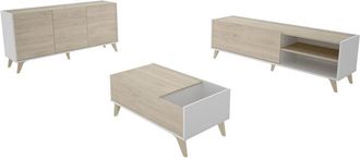 PEGANE Pegane - Ensemble de salon en bois mélaminé avec meuble bas tv + buffet + table basse relevable coloris chêne naturel, blanc