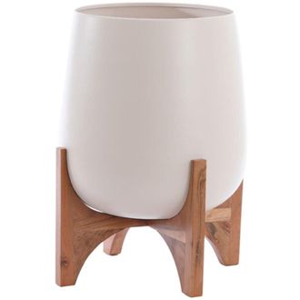 Light & Living Topf karuna auf Holzfu&szlig; mit mattem Creme - &Oslash;44x53 - Light&living