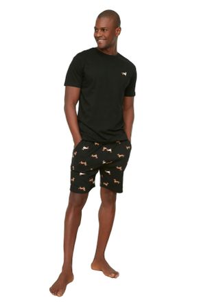 Trendyol Trendyol Herren Slogan gewebtes T-Shirt und kurzes Set Pyjama, Schwarz, XXL