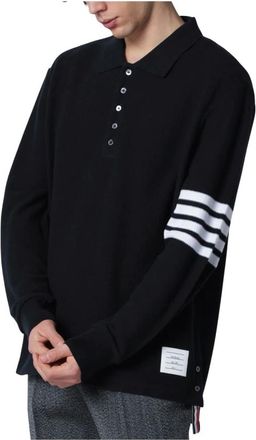 Thom Browne Homme, Tops, Bleu, Taille: L Polo &agrave; Manches Longues Textur&eacute; Piqu&eacute; &agrave; 4 Barres
