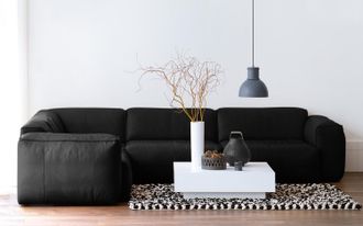 Studio Copenhagen home24 Ecksofa mit Rundecke Schwarz Echtleder Neka 325 x 71 x 260cm Ecke davorstehend links Modern