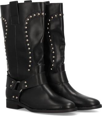 Shoes & Blues Botte haute pour femme au design élégant style cowboy. Cana avec clous métalliques. Harnais décoratif avec bandes et boucles. Idéal automne., Noir, 38