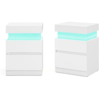 Vasagle Table de Chevet Moderne avec LED, Lot de 2, Table dAppoint, 2 Tiroirs, Multiprise Int&eacute;gr&eacute;e, 35 x 40 x 55 cm, Blanc