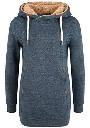 Oxmo Vicky Pile Hood Long Sweat &Agrave; Capuche avec Peau De Mouton Pull Hoodie Long pour Femme &Agrave; Capuche Doublure De Peluche, Taille:S, Couleur:INS BLU M (79899