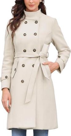Allegra K Trench-Coat Crois&eacute; Femme Double Boutonnage Col Montant Caban &Eacute;l&eacute;gant Ceintur&eacute; avec Poches Manteau DHiver &agrave; Manches Longues Beige XS
