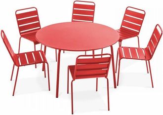 Oviala Oviala - Ensemble table de jardin ronde et 6 chaises en m&eacute;tal rouge - Palavas