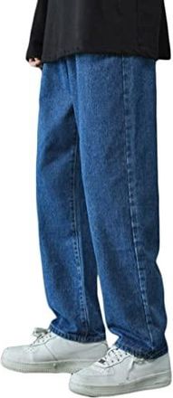 ORANDESIGNE Jeans Homme Coupe Droite Jeans Garçon Décontracté Pantalon Large Lâche Mode Harajuku Skateboard Denim Pantalon Baggy Hip Hop Streetwear F Bleu Foncé S