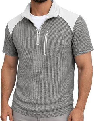 Generic Polo gaufr&eacute; &agrave; manches courtes avec fermeture &eacute;clair 1/4 pour homme, pull tendance &agrave; col revers, grande taille, doux, respirant, costume de sport pour 