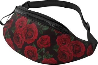 Generic Waist Fanny Pack Mode Taillentasche Rote Rose, Schwarz Atmungsaktiv H&uuml;fttasche F&uuml;r Aktivit&auml;ten Fahrrad Laufen 14X35Cm