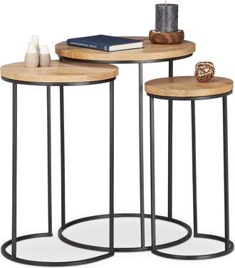 Relaxdays Beistelltisch 3er Set, runde Ablage, Satztische in 3 Gr&ouml;&szlig;en, ineinander stellbar, Metall und Mangoholz, natur, H x D: ca. 56 x 41 cm
