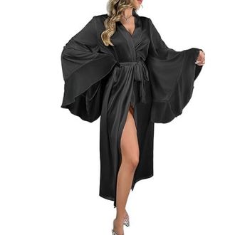 Generic Peignoir Femme Long Col V Manches Volants Satin Patchwork Ceinture Maxi Unie Élégant Loungewear