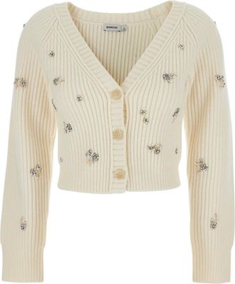 SIMKHAI Femme, Pulls, Blanc, Taille: 38 FR Novah Gilet à Strass Court avec Col en V