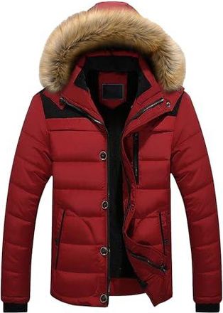 Generic Doudoune &eacute;paisse &agrave; capuche pour homme avec capuche en fausse fourrure pour homme, manteau matelass&eacute; chaud r&eacute;gulier coupe-vent manteaux dhiver, Rouge, 