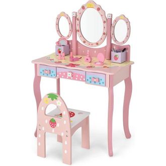 Costway Costway - Coiffeuse pour Enfants 2 en 1 avec Miroir Amovible Pliable Chaise 3 Tiroirs 2 Bo&icirc;tes de Rangement Table de Maquillage rose