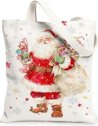 Generic Sac fourre-tout en toile motif P&egrave;re No&euml;l, sacs de courses r&eacute;utilisables, l&eacute;gers et lavables avec bandouli&egrave;re, Blanc, 13x15 Inch