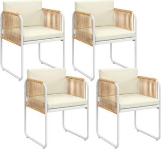 IDMarket Lot de 4 chaises RIO structure m&eacute;tal blanc, cordage effet rotin clair et coussins beiges