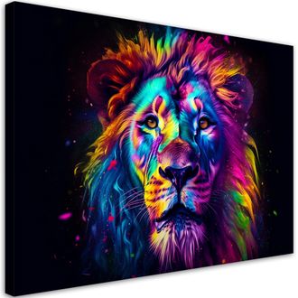 Feeby Bilder Löwe Neon Tier AI 45x30 cm 1 tlg Modern Leinwandbilder Bild auf Leinwand Kunstdruck Wand Bild Wanddeko Design Schlafzimmer Büro Flur Hotel Spa 
