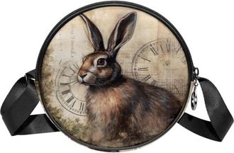 Generic Sac &agrave; bandouli&egrave;re rond pour femme, motif lapin vintage, sac &agrave; dos &agrave; bandouli&egrave;re avec fermeture &eacute;clair, bretelles r&eacute;glables, sac &agrave; main rond d&eacute;contract