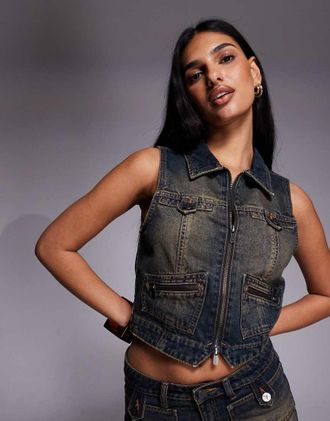 Abrand Gilet de costume densemble en denim &agrave; fermeture &eacute;clair - Bleu d&eacute;lav&eacute;