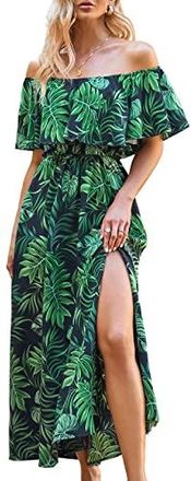Cupshe Cupshe - Robe dété longue à volants et épaules dénudées, manches courtes, dos nu, corsage fendu, ourlet fendu, robe de plage, vert, Taille XS