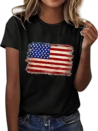 Generic 4th of July - T-shirt élégant pour femme - Motif drapeau américain - Manches courtes - Col rond - T-shirt de sport basique - Décontracté - Léger - Cos