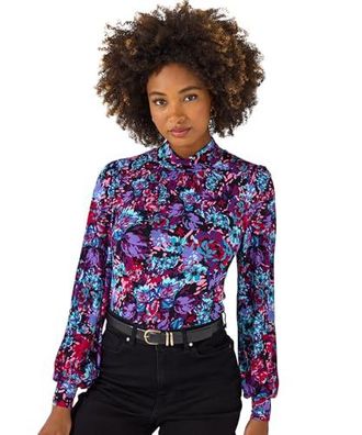 Joe Browns Vibrant Floral Print High Neck Jersey Top Blouse, Violet, 36 Femme