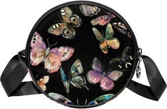 Generic Sac &agrave; bandouli&egrave;re rond pour femme, motif papillons aquarelle, petit sac &agrave; bandouli&egrave;re avec fermeture &eacute;clair, bretelles r&eacute;glables, sac &agrave; main rond d&eacute;co