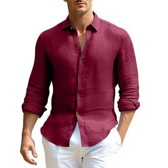 Generic Chemise formelle en lin &agrave; manches longues pour homme - Chemise boutonn&eacute;e en lin - Coupe ajust&eacute;e - Style d&eacute;contract&eacute; - Blanc - Col en V - T-shirt pour 