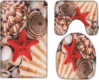 A.Monamour Badezimmer Badematte 3 Teilig Set Seesterne Muschel Hintergründe Meer Meer Strand Motto Dekore Flanell Saugfähig Badteppiche Badvorleger Badgarnitur W