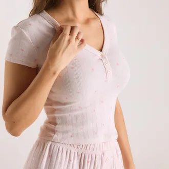 Lounge Haut de Pyjama en Pointelle - Rose Floral - XS - Le Cadeau Parfait pour Elle