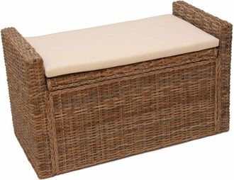 Hhg Banc banquette / coffre de rangement M92, rotin, kubu, gris
