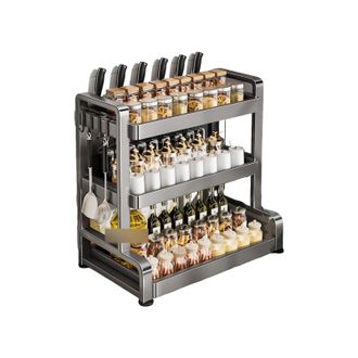 Generic 3-stufiges Gewürzregal, Lagerregal aus Kohlenstoffstahl for die Küchenarbeitsplatte, untere Schicht erhöht mit 4 Haken(30cm)